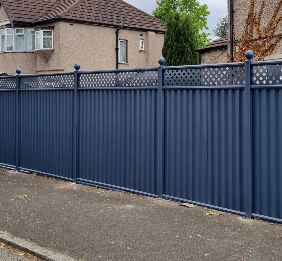 Blue Metal Fence with Trellis & Ball Caps | ColourFence