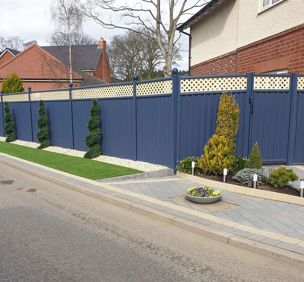 Blue Metal Fence with Cream Trellis & Ball Caps | ColourFence