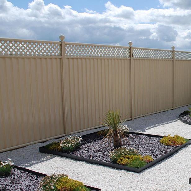 Cream Metal Fence with Trellis & Ball Caps | ColourFence
