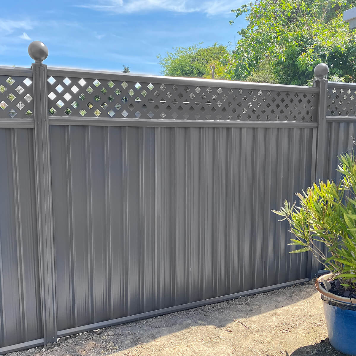 Grey Metal Trellis Fence with Ball Caps | ColourFence